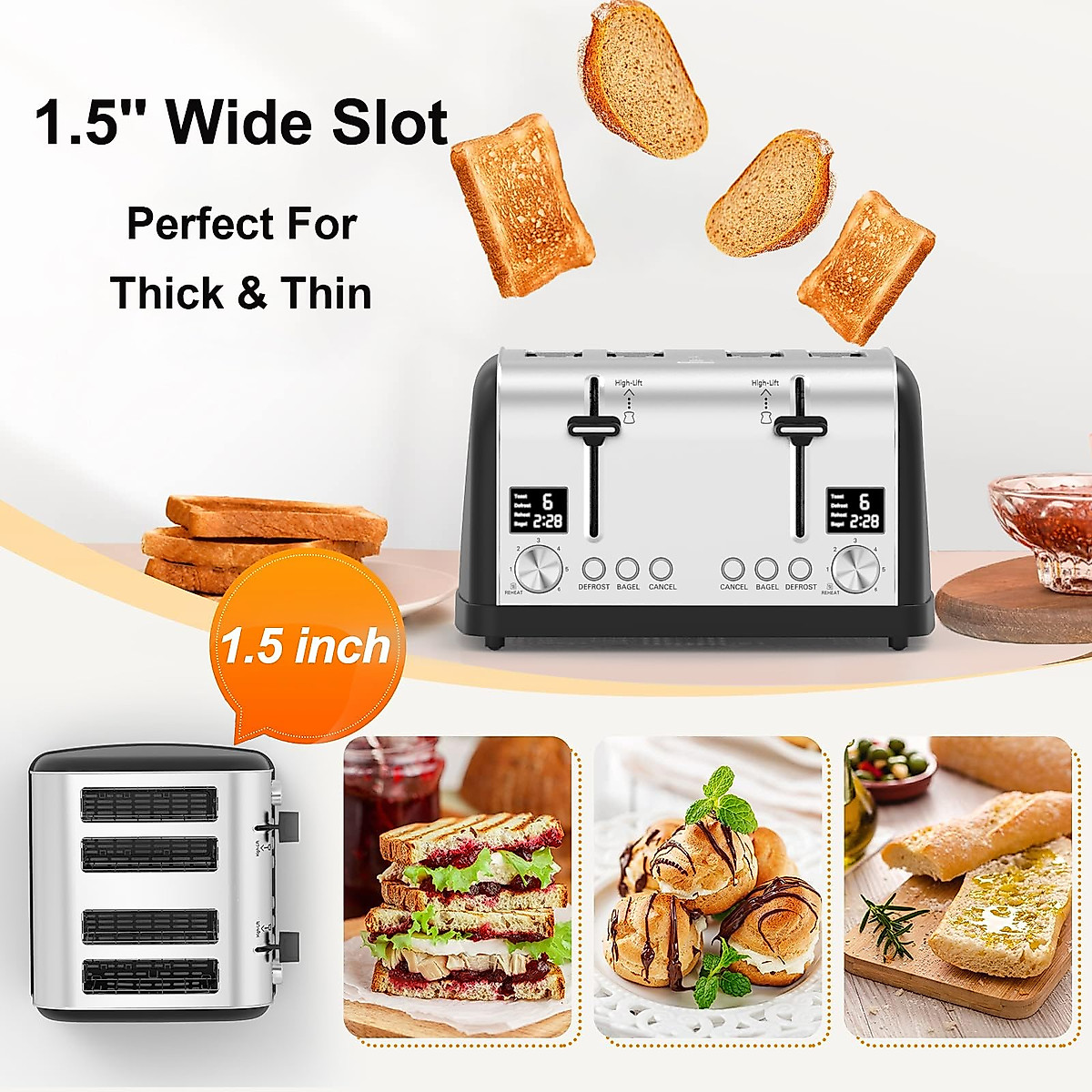 Toaster 4 Slice,Ultra-Clear Led Display, Dual Control Panels With Independent Settings,Retro Stainless Steel Toaster Wide Slot for Waffles, 4 Slice Toaster with Bagel LainstenT-5057D (Black)