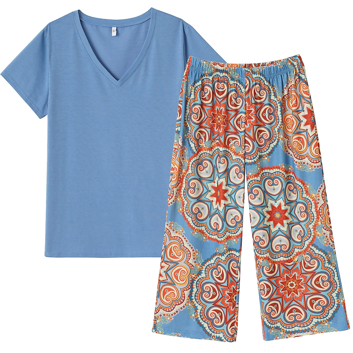 Vozanet Women's V Neck Sexy Pajamas Capri Sets Mexican Style Floral Sleepwear 2PCS Totem Casual Nighty Plus Size M to 5XL, Bohemia, XXX-Large