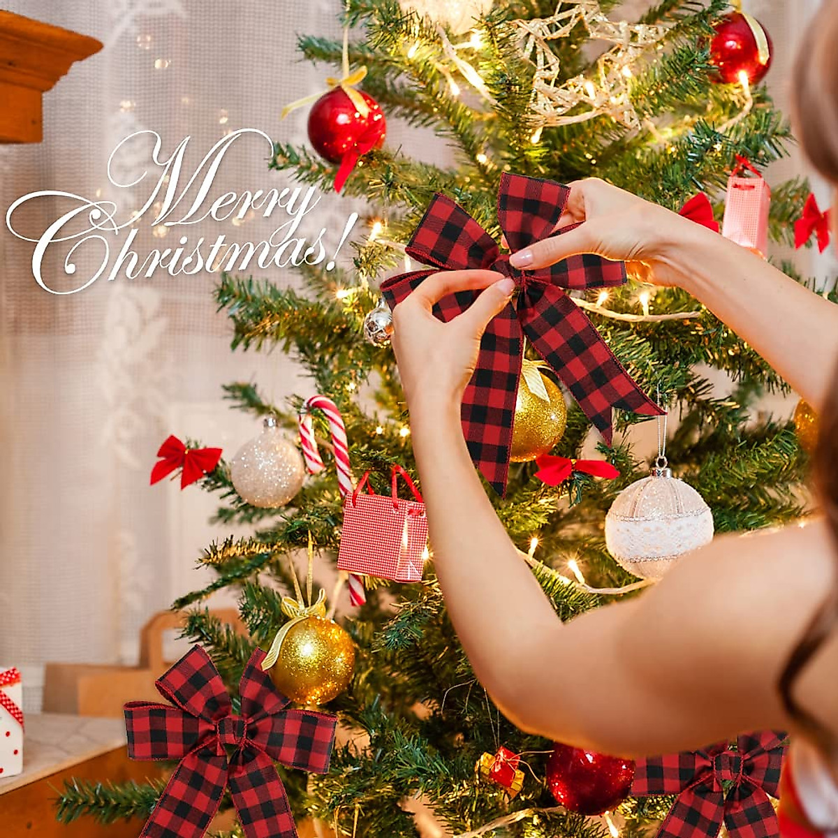 Tenn Well Buffalo Plaid Ribbon, 19.6 Yards 2.5 inch Wired Christmas Ribbon, Red and Black Plaid Ribbon for Bow Making, Gift Wrapping, Wreath Making, Christmas Tree Decoration (2 Roll x 9.8 Yards)