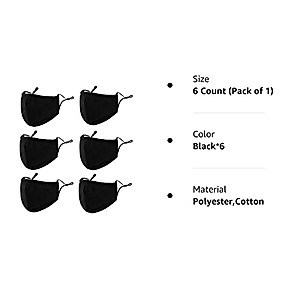 3-Ply Cloth Face Mask 6 Pack,Washable, Reusable and Breathable Face Covering with Adjustable Ear Protection Loops women/men (Black*6)