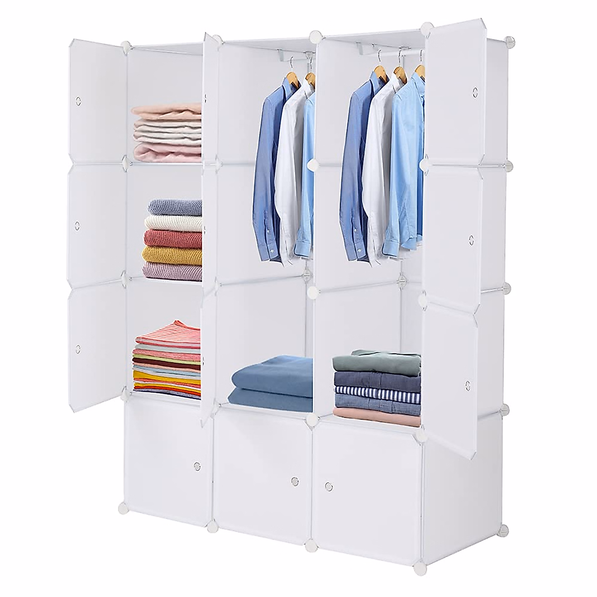 Wardrobe 12 Cube Organizer Stackable Plastic Cube Storage Shelves Design Multifunctional Modular Closet Cabinet with Hanging Rod White Doors