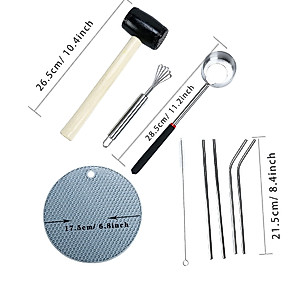 11 Pieces Coconut Opener Tool Set, Include 1 Coconut Opener Tool with Black Rubber Handle, 1 Stainless Steel Coconut Meat Removal Knife, 1 Straight St, 2 Bent Sts, 1 Cleaning Brush and 1 Bag