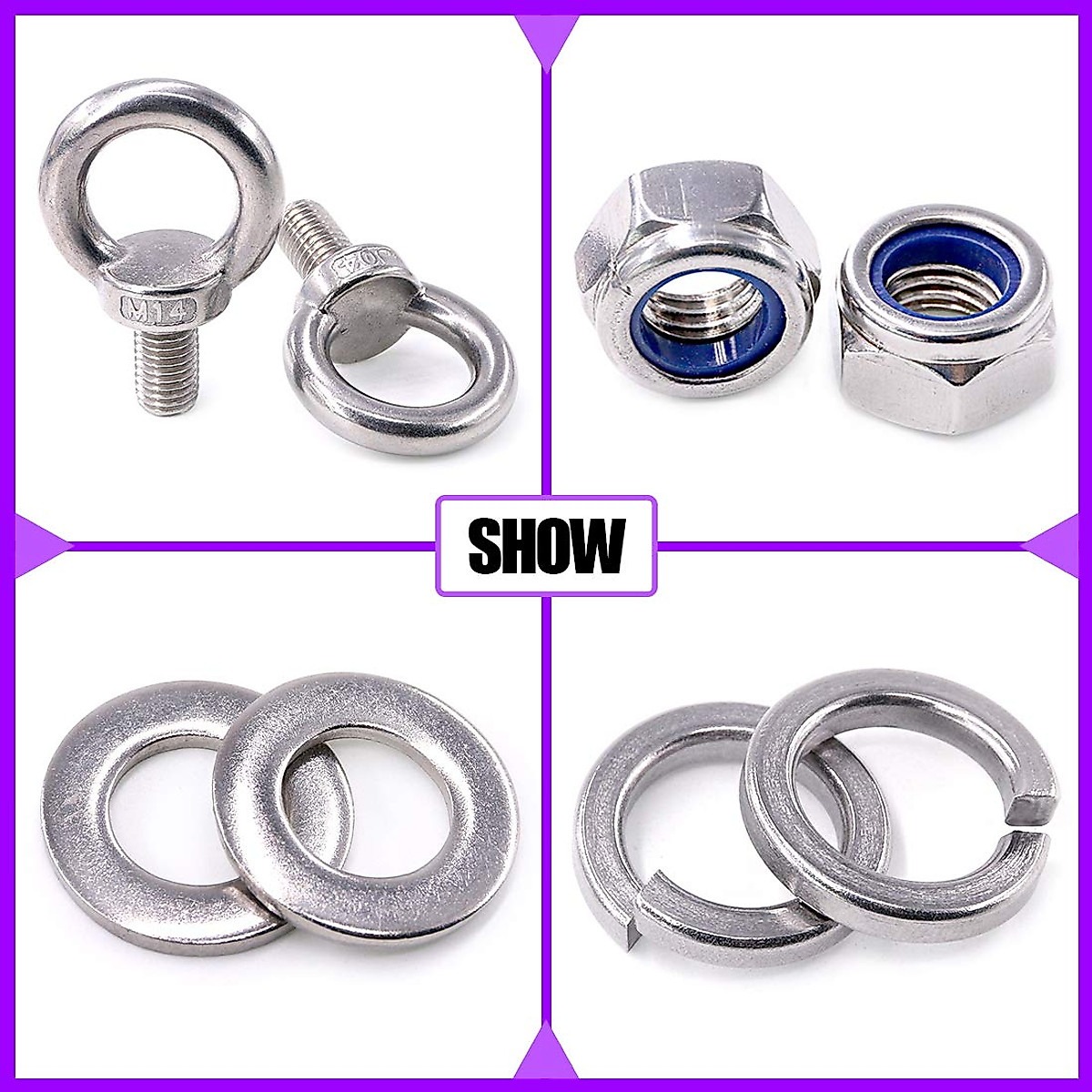 8Pcs 304 Stainless Steel M14 Male Thread Lifting Ring Eye Bolt Kit, Including 2Pcs M14 Eye Bolt with 2Pcs Lock Nuts, 2Pcs Lock Washers and 2Pcs Flat Washers