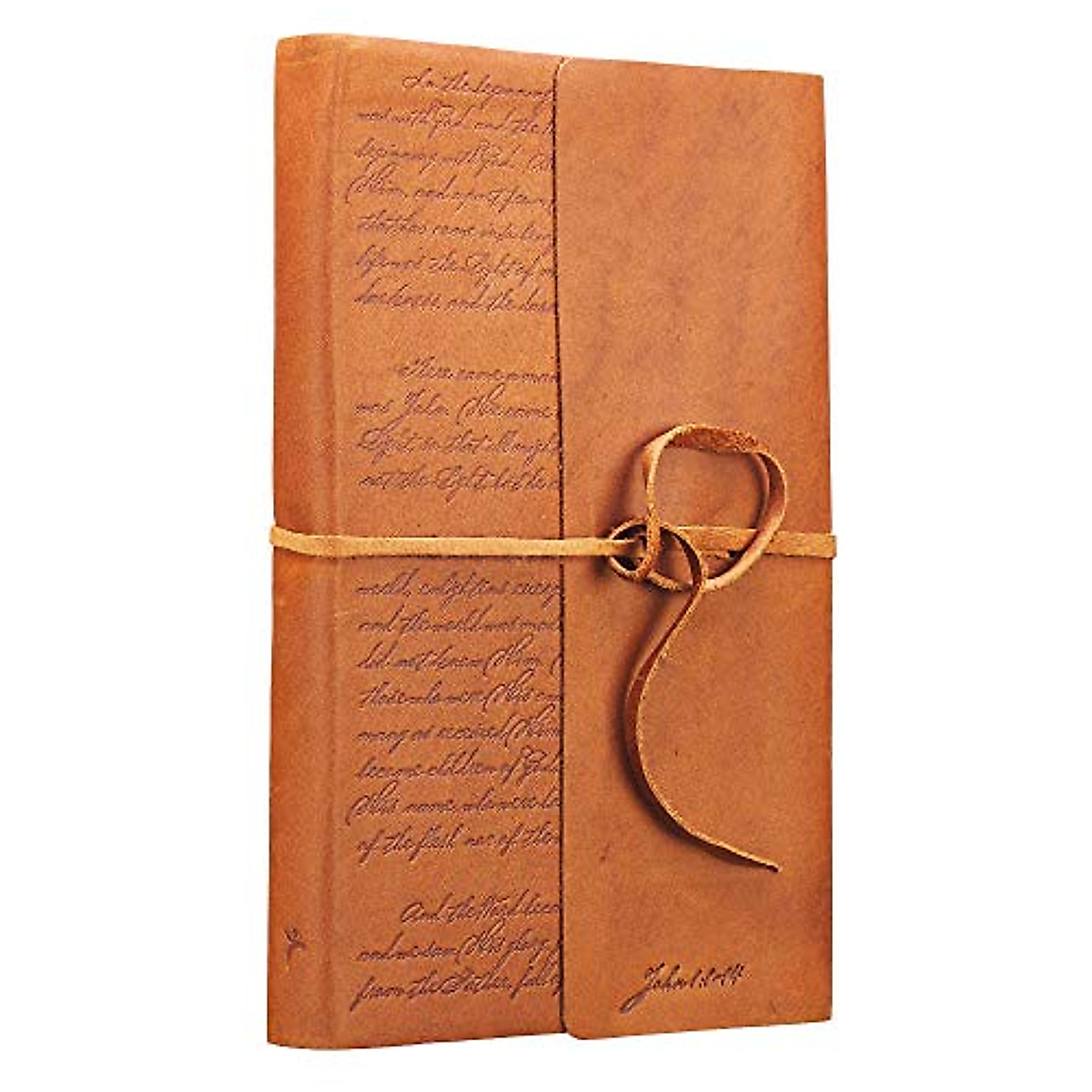 Brown Classic Full Grain Leather Writing Journal/Notebook | The Beginning John 1:1-14 | Wrap Closure Notebook, 400 Lined Pages w/Inspirational Scripture, 6 x 8.5 Inches