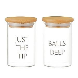 INIUNIK Glass Qtip Holder Dispenser, 2 Pack Glass Apothecary Jars with Lids, Sealed Q Tip Holder Cotton Ball Round Pad Swab Holder Funny Bathroom Canisters Jars for Vanity Restroom Décor and Storage