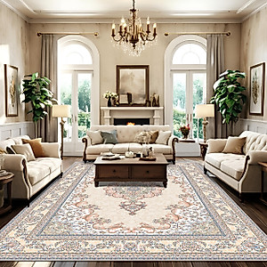 9x12 Area Rug Washable Rug: Ultra Soft Vintage Large Rugs for Living Room, Non-Slip Foldable Machine Washable Area Rugs, Low Pile Indoor Floor Carpet for Bedroom, Nursery, Farmhouse (9'x12', Beige)