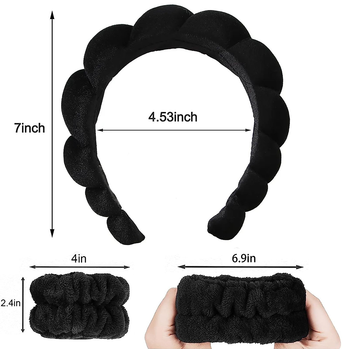 1Spa Headband and 2 Wristbands Set for Women Girls -Sponge & Terry Cloth Fabric Headband for Washing Face, Skincare,Makeup, Shower, Hair Accessories- Wrist Washband Prevent Liquid from Spilling(Black)