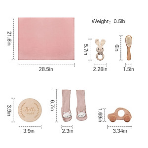 New Born Baby Gift Basket, Baby Boys Girls Shower Gifts with Wooden Rabbit Rattles, 6PCs New Born Essentials Bath Set with Baby Brush,Blanket,Milestones Cards