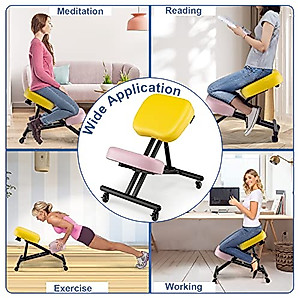 COSTWAY Ergonomic Kneeling Chair, Height Adjustable Stool with 330lbs Capacity, Thick Foam Cushion, Gliding Caster, Angled Seat to Improve Sitting Posture, Kneeling Stools for Office, Yellow+Pink