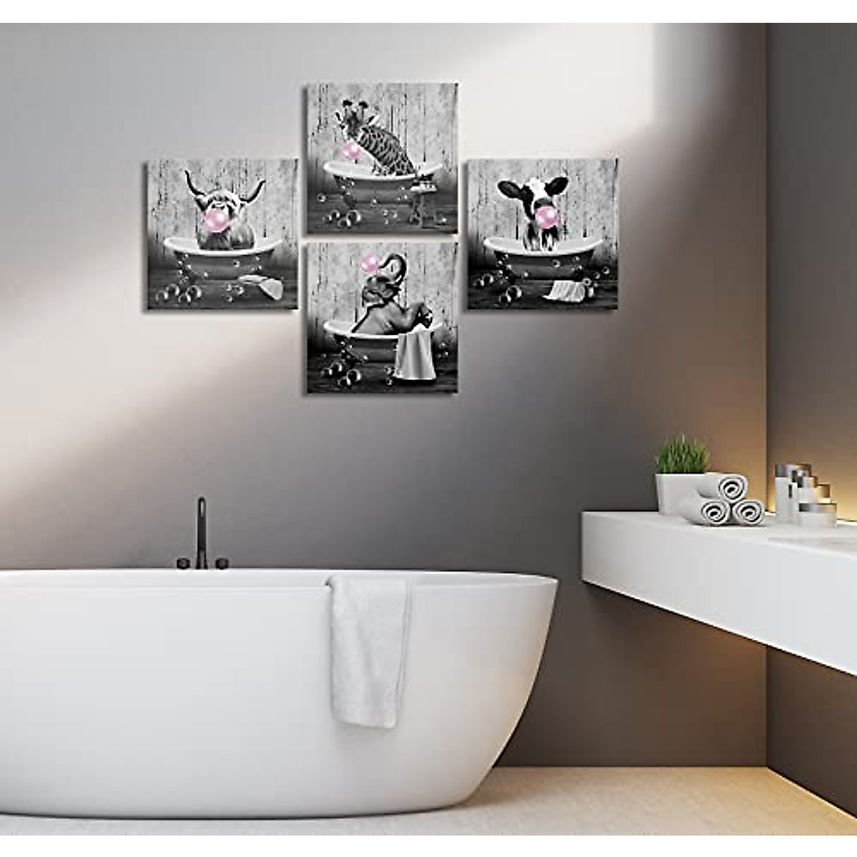KALAWA Bathroom Pictures Wall Decor Set of 4 Funny Animal Black and White Bathroom Decor Wall Art Pink Bubble Canvas Wall Art Highland Cow Giraffe Elephant Cows Home Decor Framed Ready to Hang 12x12