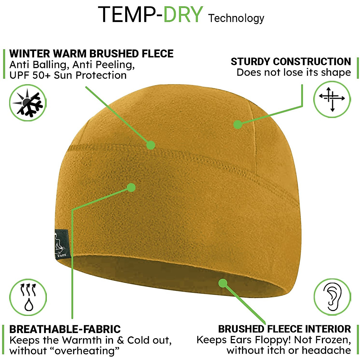 Temple Tape Tactical Fleece Watch Cap Beanie – Skull Cap Fleece Hat - 2 Pack Black/Sand Brown - One Size (Fits Most Heads)