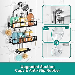 HAMITOR Adjustable Large Shower Organizer with Soap Holder - Rust Proof Bathroom Shelf Shampoo Storage Rack with 3-Tier Baskets - 4 Movable Hooks for Razor Loofah Black