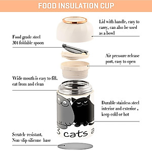 CUPADA Cute Different Cats Food Jar, Funny Quote Insulated Hot Food Jars Vacuum 17OZ with Folding Spoon for Work Trip Picnic Camping