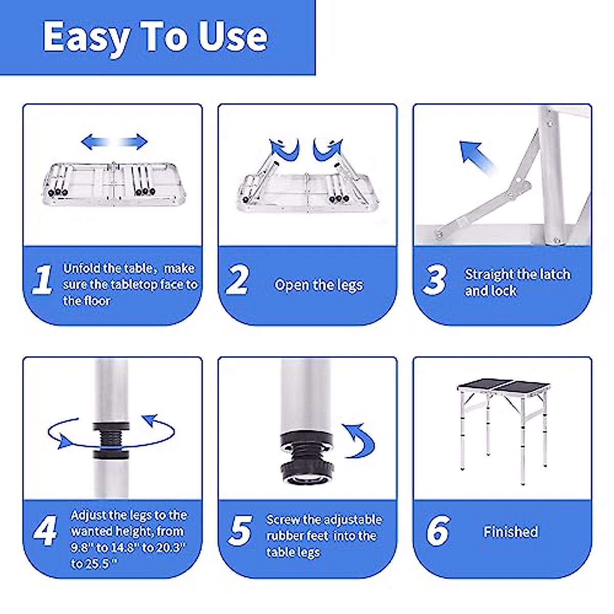 Moosinily Folding Table 2 Feet Portable Table Camping Table Ajustable Height Picnic Table Small Card Table Aluminum with Carry Handle for Outdoor Indoor Grill BBQ Travel Beach Black