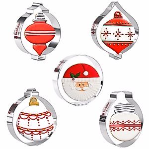 KAISHANE Christmas Cookie Cutters - 5 Pieces -Christmas Ornament,Light bulb,Round Cookie Cutters