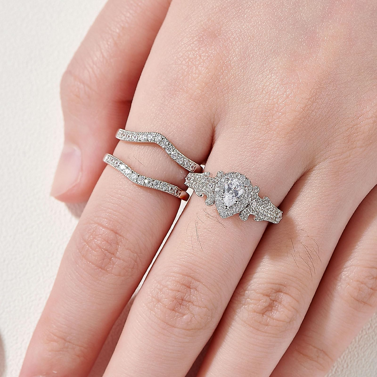 Newshe Wedding Rings for Women 5A Cz Engagement Band 925 Sterling Silver 1.5CT Pear Bridal Sets Size 7