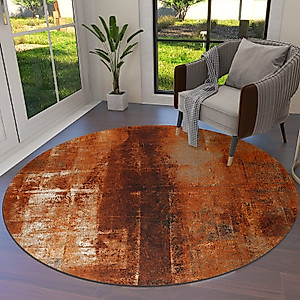 Round Area Rugs Collection 4 Ft, Burnt Orange Non-Slip Residential Carpet, Modern Abstract Geometric Art Oil Painted Indoor Crawling Mats Runner Rugs for Living Room/Dining Room/Bedroom