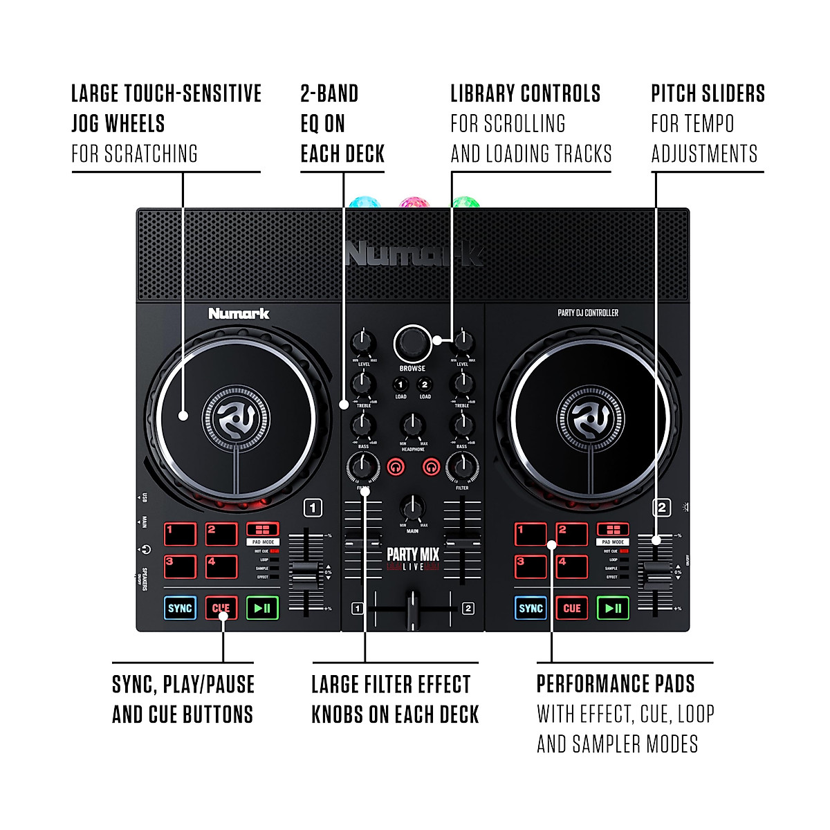 Numark Party Mix Live - DJ Controller with Built in Speakers, Party Lights and DJ Mixer, Complete Dj Set with Mixer and Audio Interface + Serato DJ Lite