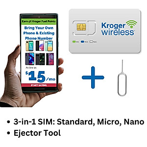 Kroger Wireless Prepaid SIM Card with Removal Tool for 4G LTE or 5G Phones, Unlimited U.S. Cell Phone Plans from $15 per Month with Text, Talk, and Data, Includes 4X Fuel Points