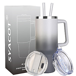 SYACOT 40 oz Tumbler with Handle and Straw Stainless Steel Insulated Tumbler Leak Proof Lid and Straw Lid Reusable Travel Mug Coffee Mug Cup Dishwasher Safe Keep Drinks Cold and Hot (Grey&Black)