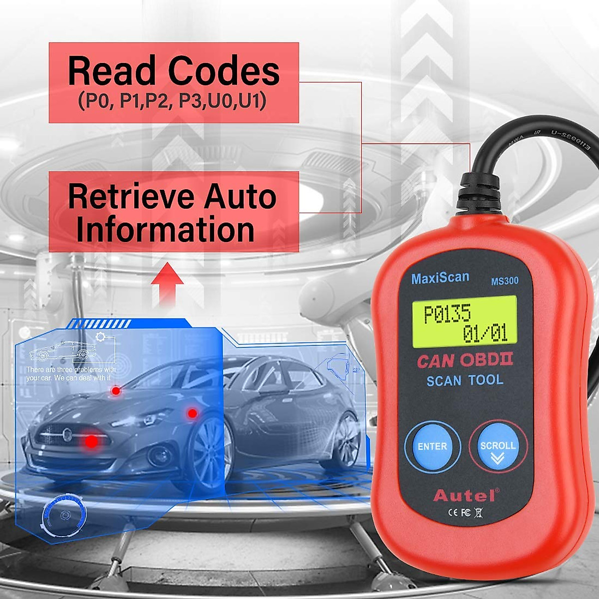 Autel MaxiScan MS300 Car OBD2 Scanner Code Reader Engine Fault Code Reader Scanner CAN Diagnostic Scan Tool for All OBD II Protocol Cars Since 1996, Red