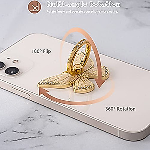 Cell Phone Ring Holder Stand with Crystal Stone and Enamel Process, Butterfly 360° Rotation Finger Kickstand Metal Back Stand Hand Grip with Knob Loop Compatible with Smartphone (Gold Pearl White)