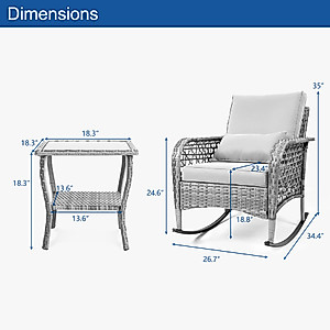 CIRMUBUY 3-Piece Outdoor Furniture Set, Patio Conversation Chair, Wicker Cushioned Patio Rocker with Side Table for Porch, Garden, Poolside & Deck, Dark Grey