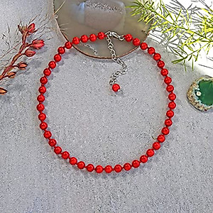 MGR MY GEMS ROCK! Beaded Semi Precious Stone Red Sea-bamboo Coral Collar or Choker Short Dainty Necklace for Women or Girls, 14.50" Long with 3" Extender.