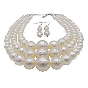 We Imitation Pearl Necklace for Women Large Chunky Pearl Necklaces Multilayer Pearl Necklace and Earring 1920s Costume Jewelry set (white pearl necklace set)