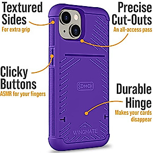 Scooch iPhone 14 Case with Card Holder [Wingmate] iPhone 14 Wallet Case with Hidden Card Slot and RFID Protection, Holds Up to 4 Cards, Military Grade Drop Protection, Purple