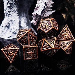 MJDICEOK Dragon Metal DND Dice Set 7 Role Playing Dice Solid D&D Dice Red Copper