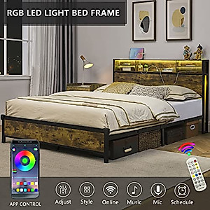 Alohappy Full Size Bed Frame with Led Bookcase Headboard and Charging Station，Metal Platform Bed Frame with RGB Light Strips, Sturdy and No Noise Easy Installation No Box Spring Needed
