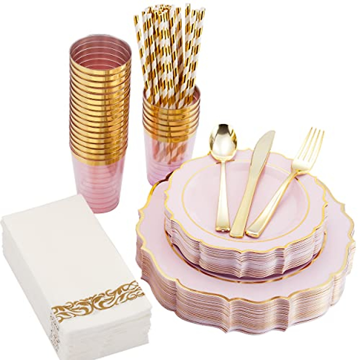 ISFANGCO 200 PCS Pink Thickened Plastic Plates Set for 25 Guests,Gold Rimmed Heavy Duty Disposable Plates for Party Wedding with Napkins,25 Dinner Plates,Dessert Plates,Spoons,Forks,Knives,Cups