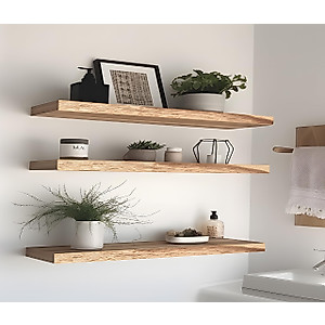 HXSWY 24 Inch Rustic Floating Shelves for Wall Decor Farmhouse Wood Wall Shelf for Bathroom Kitchen Bedroom Living Room Set of 4 Light Brown