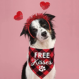 STMK Valentine’s Day Dog Bandana Outfits, Valentine’s Day Heart Headband Plaid Valentines Dog Bandanas Costumes for Small Medium Large Dogs Valentine’s Day Costumes (Free Kisses)