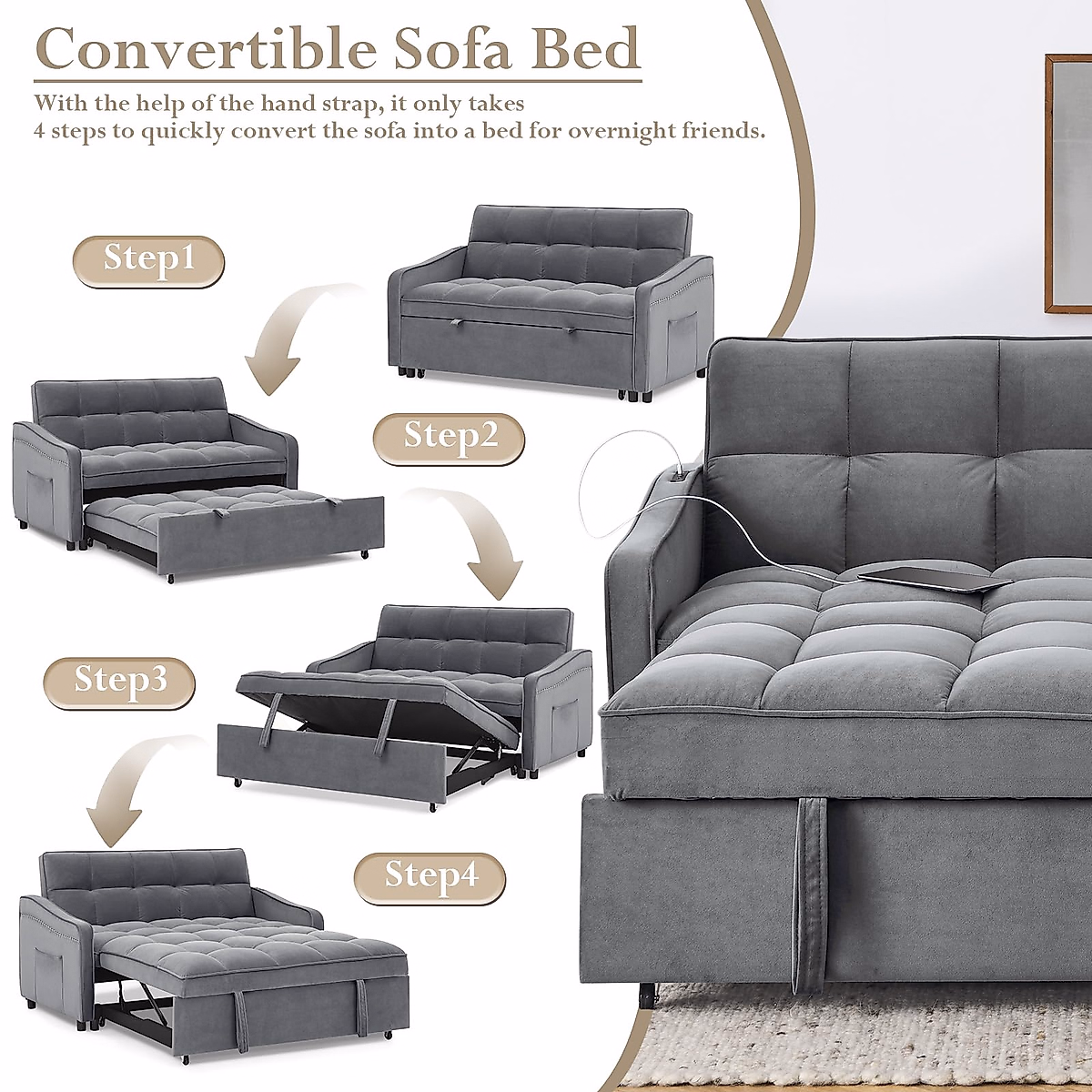 JEEOHEY Sleeper Sofa Couch with Type C, USB Port, 3 in 1 Modern Velvet Convertible Loveseat Sofa w/Pull Out Bed, Curved Armrest for Small Space Livingroom Apartment Office, Grey