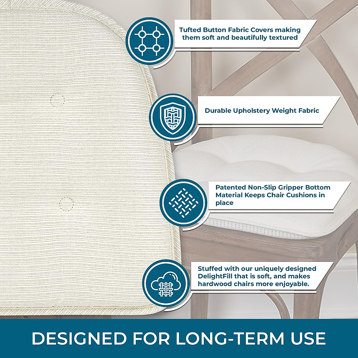 Klear Vu Omega Non-Slip Universal Chair Cushions for Dining Room, Kitchen and Office Use, U-Shaped Skid-Proof Seat Pad, 15x16 Inches 4 Pack Solid Ivory 4 Count