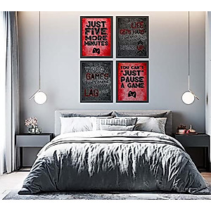 Silly Goose Gifts Video Game Themed Art Print Room Wall Decoration (Set or Four) Gamer (Red)