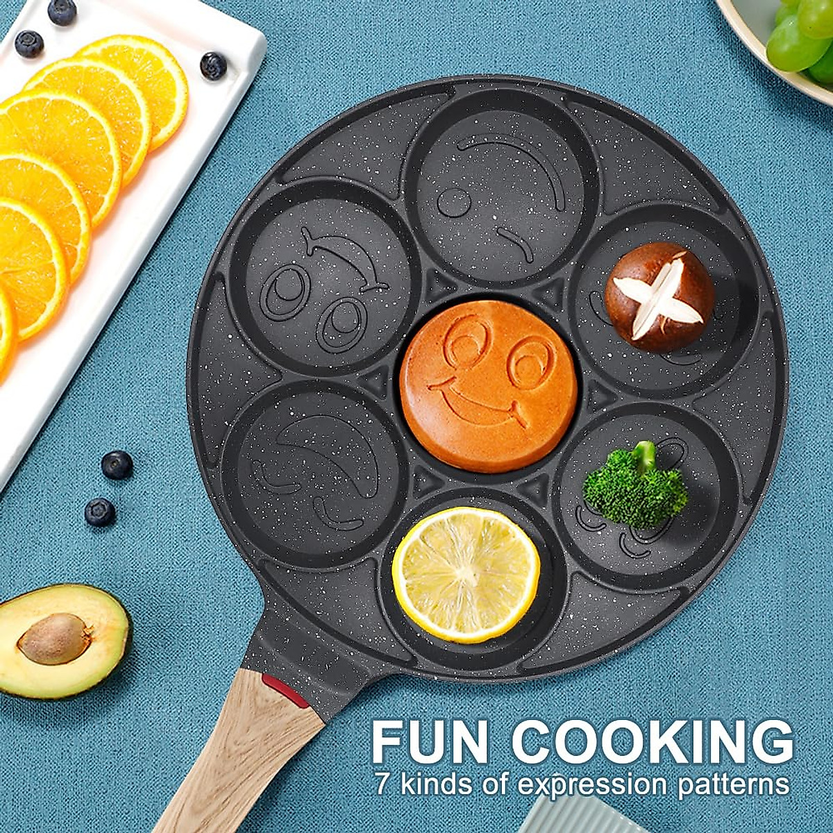 Bobikuke Nonstick Pancake Pan, Smiley Face Pancake Frying Pan, 7 Holes Mini Pancake Maker for Kids 10.4 in, Gas only - Black