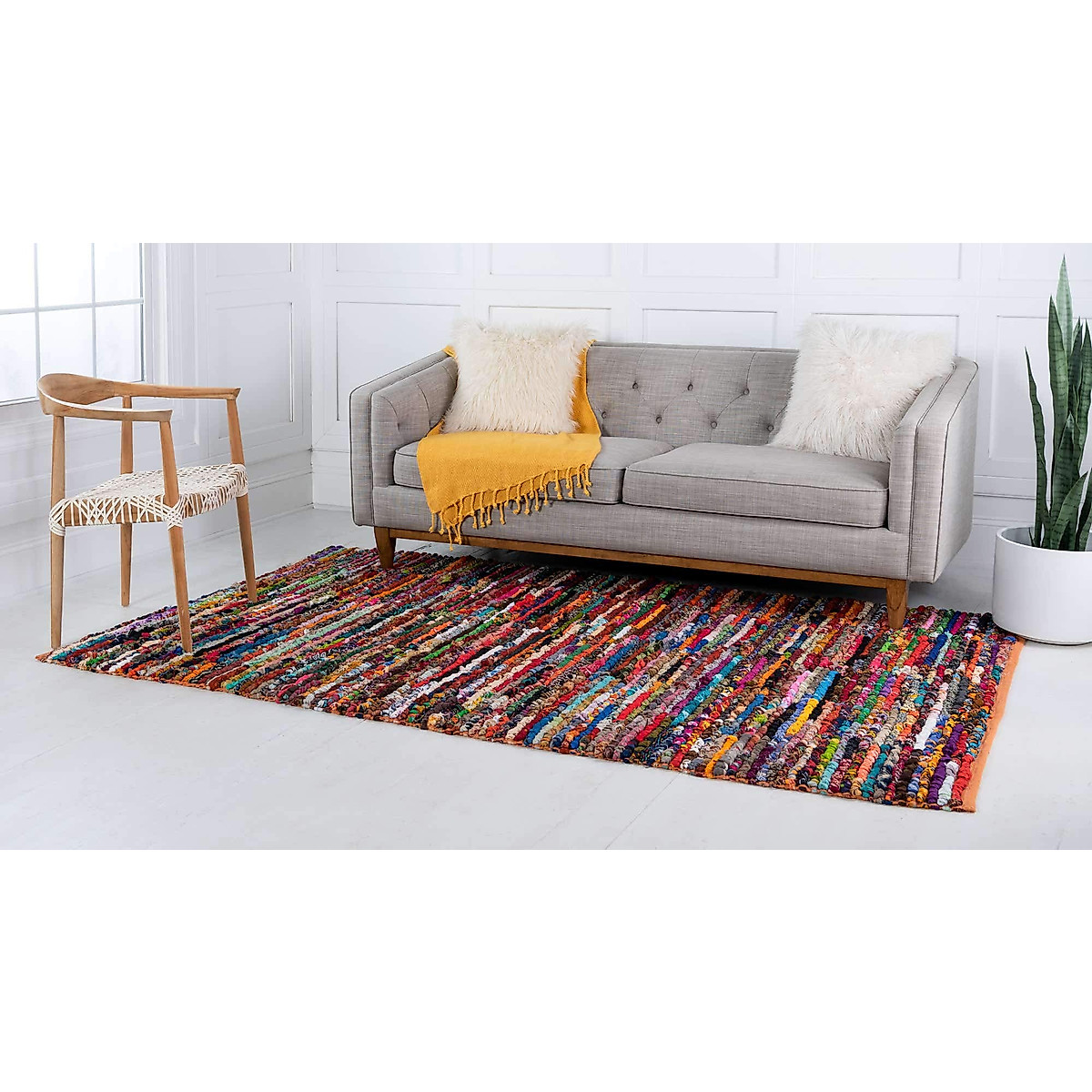 Unique Loom Braided Chindi Collection Area Rug - Multi-Striped (2' x 3' 1" Rectangle, Multi/ Black)