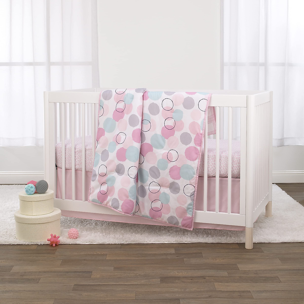NoJo Little Love Pink, Aqua, Grey and Rose Bubble Dot - 3 Piece Crib Bedding Set - Comforter, Fitted Crib Sheet and Dust Ruffle