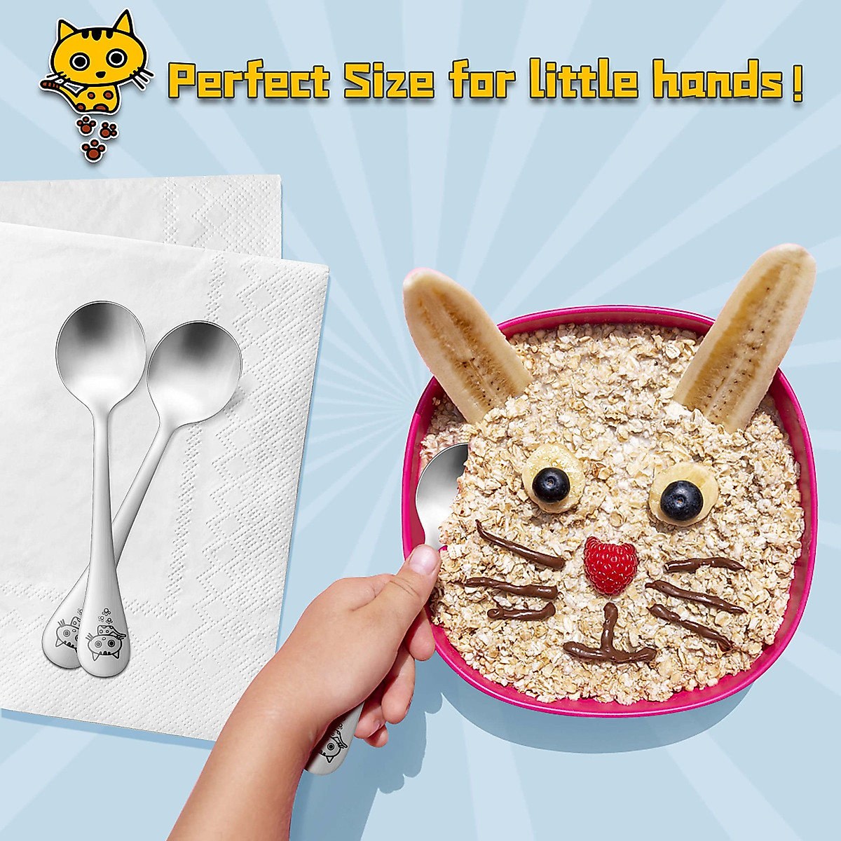 E-far Toddler Spoons, 6-Piece Stainless Steel Kids Utensils Spoon for Baby Self Feeding, Attached Portable Case & Cute Animal Pattern, Solid Metal & Small Size, Rust Free & Dishwasher Safe