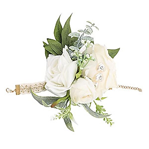 Kuuleyn Corsage Wristlet, Wrist Corsage, Wrist Corsages for Wedding Bride Wrist Flower Decorative White Roses and Green Leaves for Prom Party
