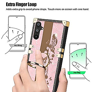 B-wishy for Samsung Galaxy A13 5G Phone Case, Glitter Crystal Butterfly Heart Floral Slim TPU Bling Diamond Rhinestone Cute for Girls Women with Ring Stand+Strap for Galaxy A13 5G(HD Pink)