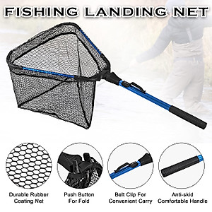 Fishing Landing Net with Telescoping Pole Long Handle Foldable Collapsible Rubber Floating Fishing Net Telescopic Extendable Fishing Net for Kayak Saltwater Freshwater Fishing (Blue, Single)