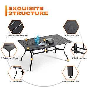 NUU GARDEN 7 Piece Outdoor Dining Set, 6 All Weather Padded Textilene Patio Chairs and 61" Rectangular Dining Table with 1.77" Umbrella Hole, for Garden, Patio, Light Grey and Black