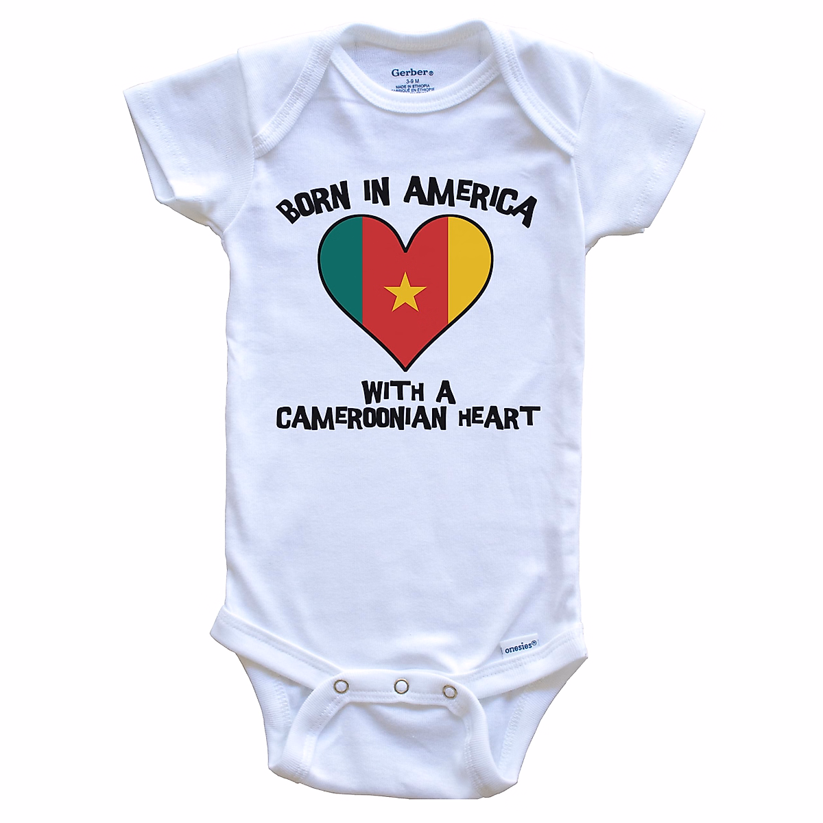 Born in America with A Cameroonian Heart One Piece Baby Bodysuit Cameroon Flag Baby Bodysuit, 0-3 Months White