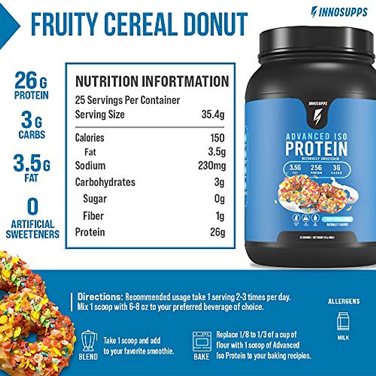 InnoSupps Advanced Iso Protein | 100% Whey Isolate Protein Powder | No Artificial Sweeteners| Low Fat, Low Carbs | 25g of Protein | Hormone Free, Gluten Free, Soy Free | (Fruity Cereal Donut)