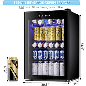 Antarctic Star Beverage Cooler 145 Can Mini Fridge Glass Door for Soda Beer Wine Glass Door Stainless Steel Small Drink Refrigerator Digital Display for Home, Office Bar,4.4cu.ft