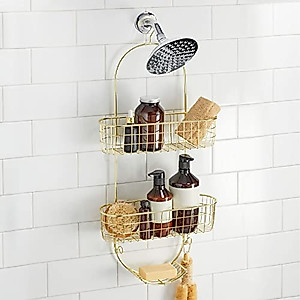 mDesign Steel Metal Curved Bathroom/Shower Caddy, Hanging Storage Organizer for Shampoo and Conditioner Bottles - 2-Tier Rack with Baskets - Holder for Soap, Body Wash, Concerto Collection, Soft Brass